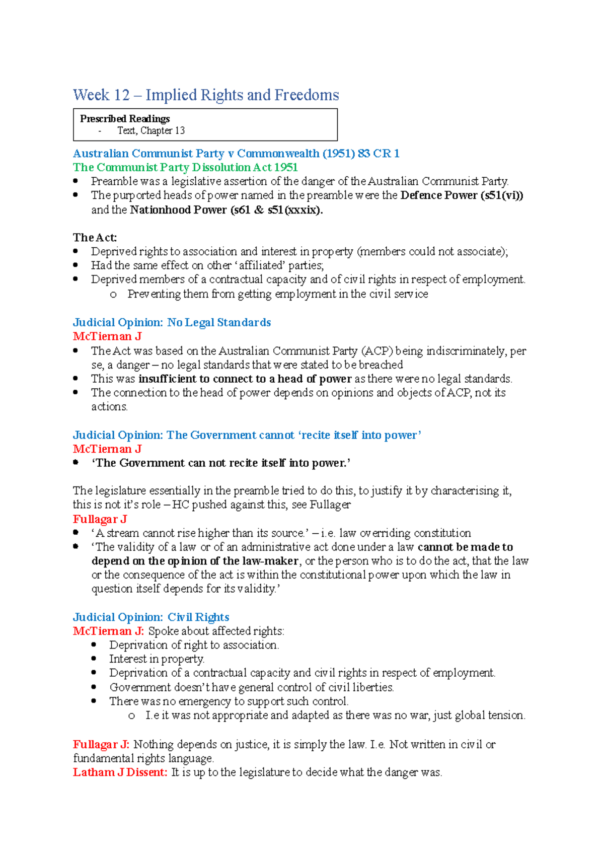 Week 12 Constitutional Law Lecture Notes - Week 12 – Implied Rights and ...