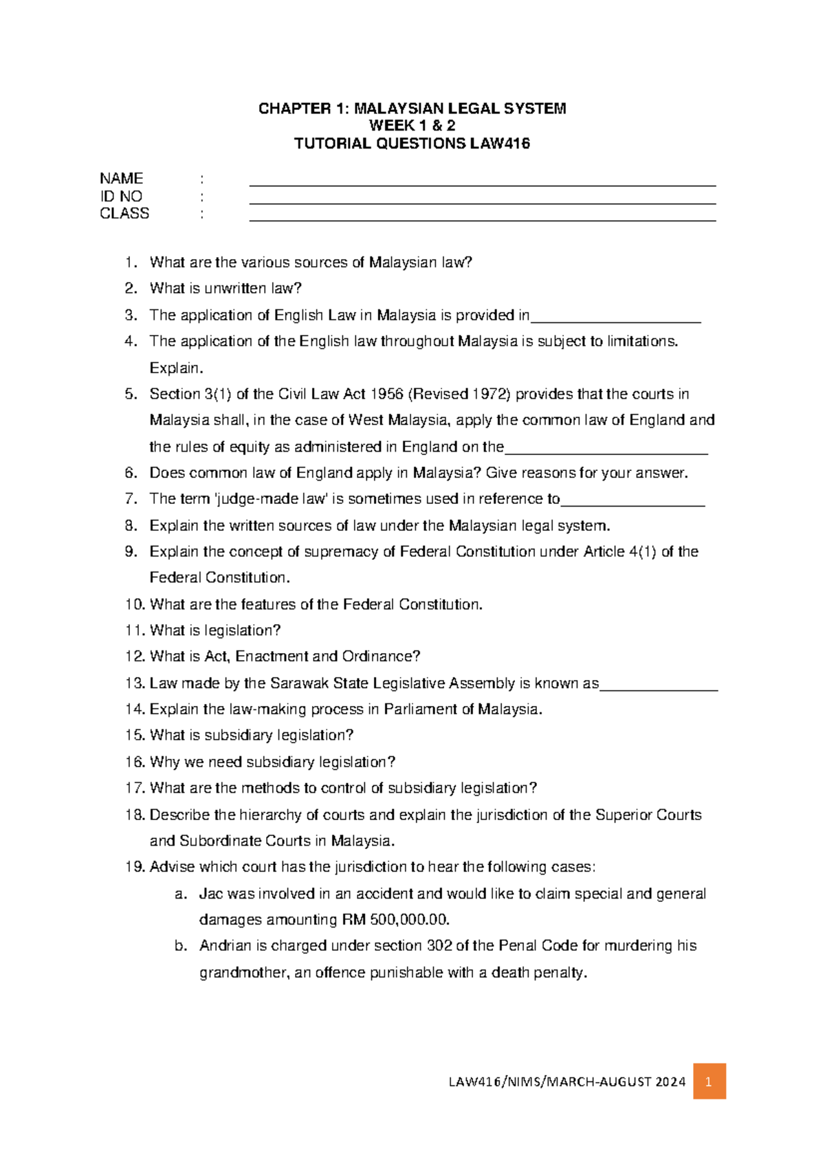 LAW416 Tutorial Chapter 1 - LAW416/NIMS/MARCH-AUGUST 2024 1 CHAPTER 1 ...