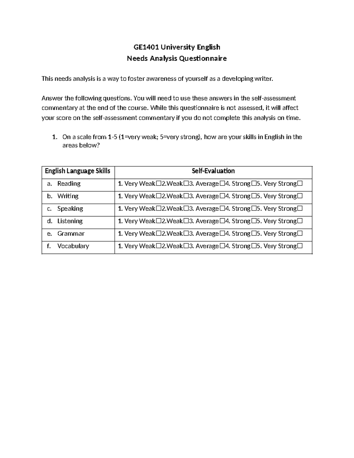 GE1401 Needs Analysis Questionnaire - GE1401 University English Needs ...