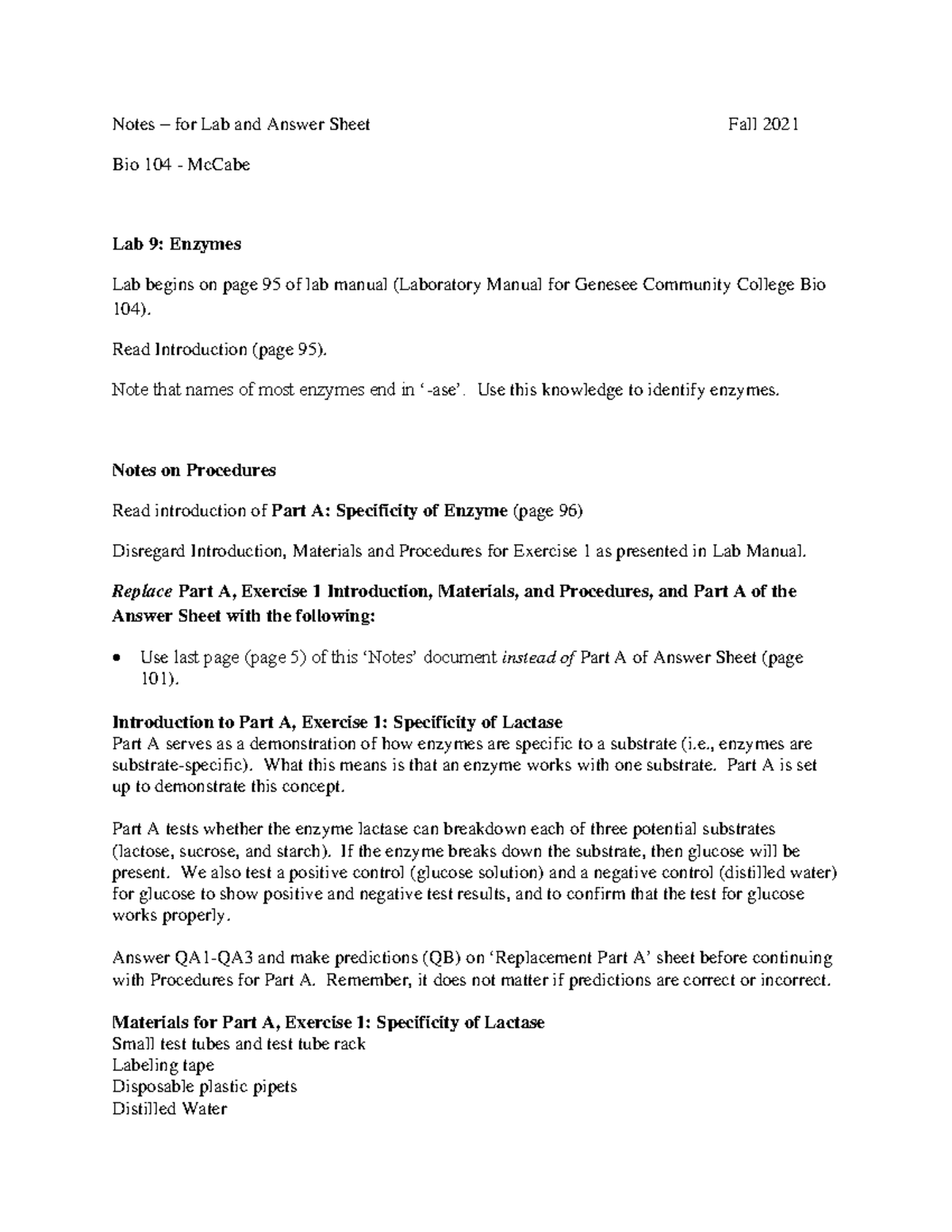 Notes - Lab 9 - Enzymes - Notes – for Lab and Answer Sheet Fall 2021 ...