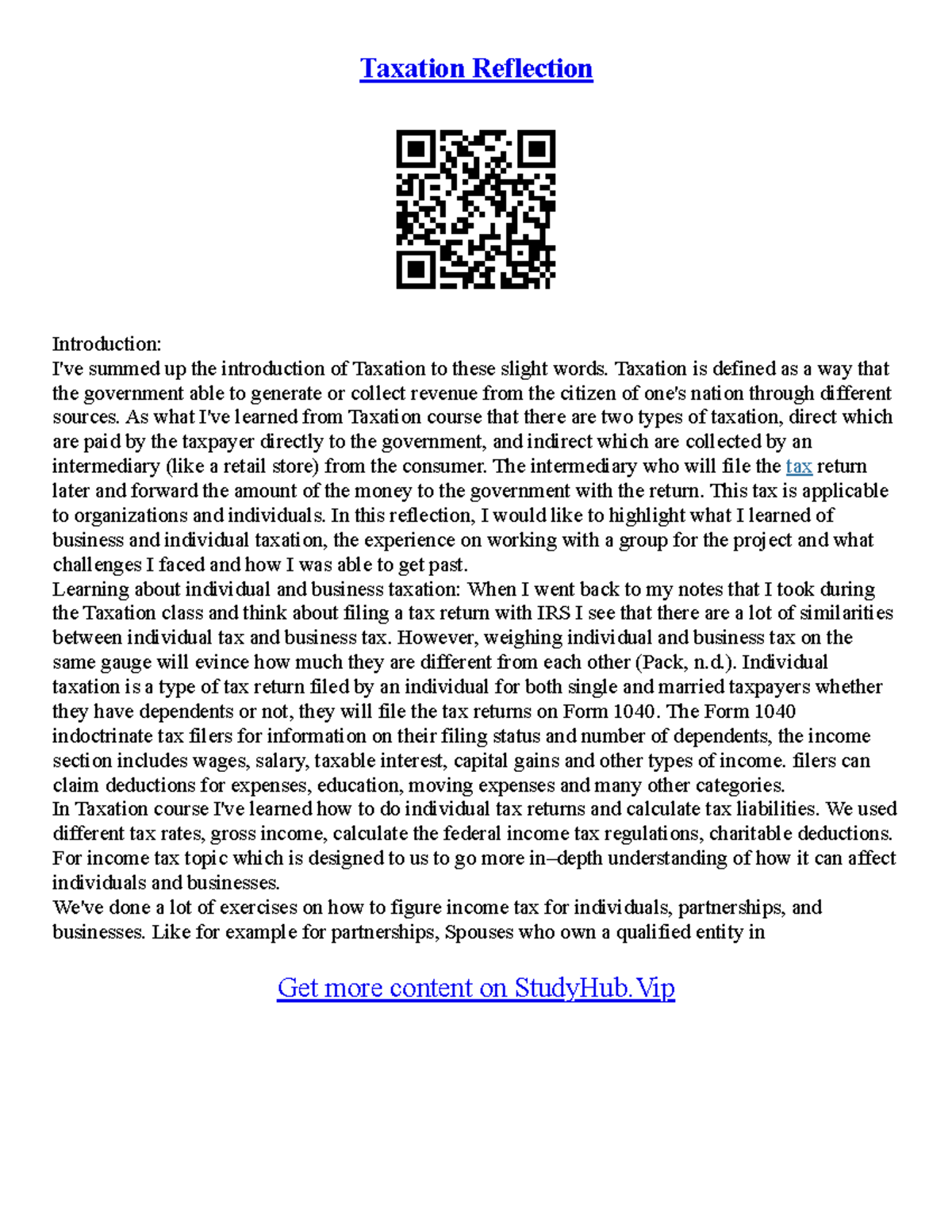 Introduction To Narrative Essay - Taxation Reflection Introduction: I ...