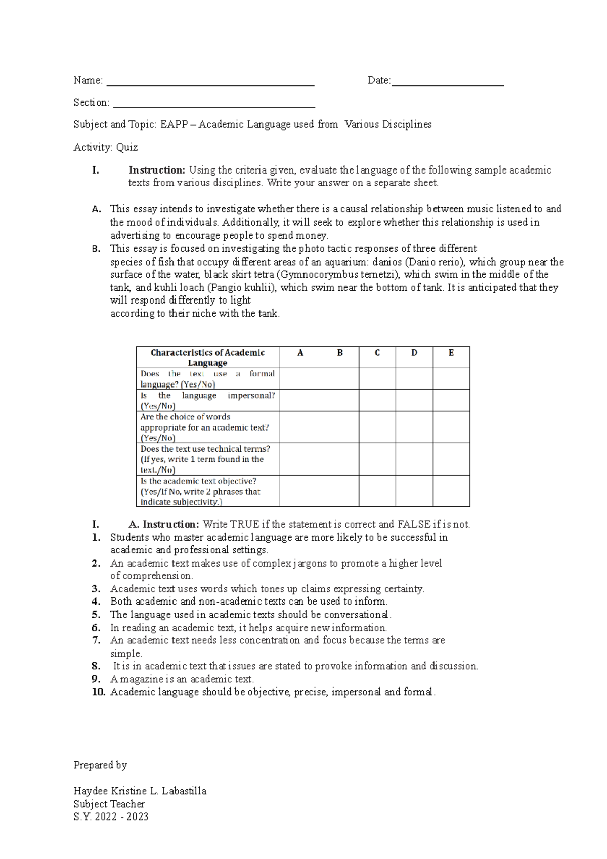 Quiz Academic Text N A Name
