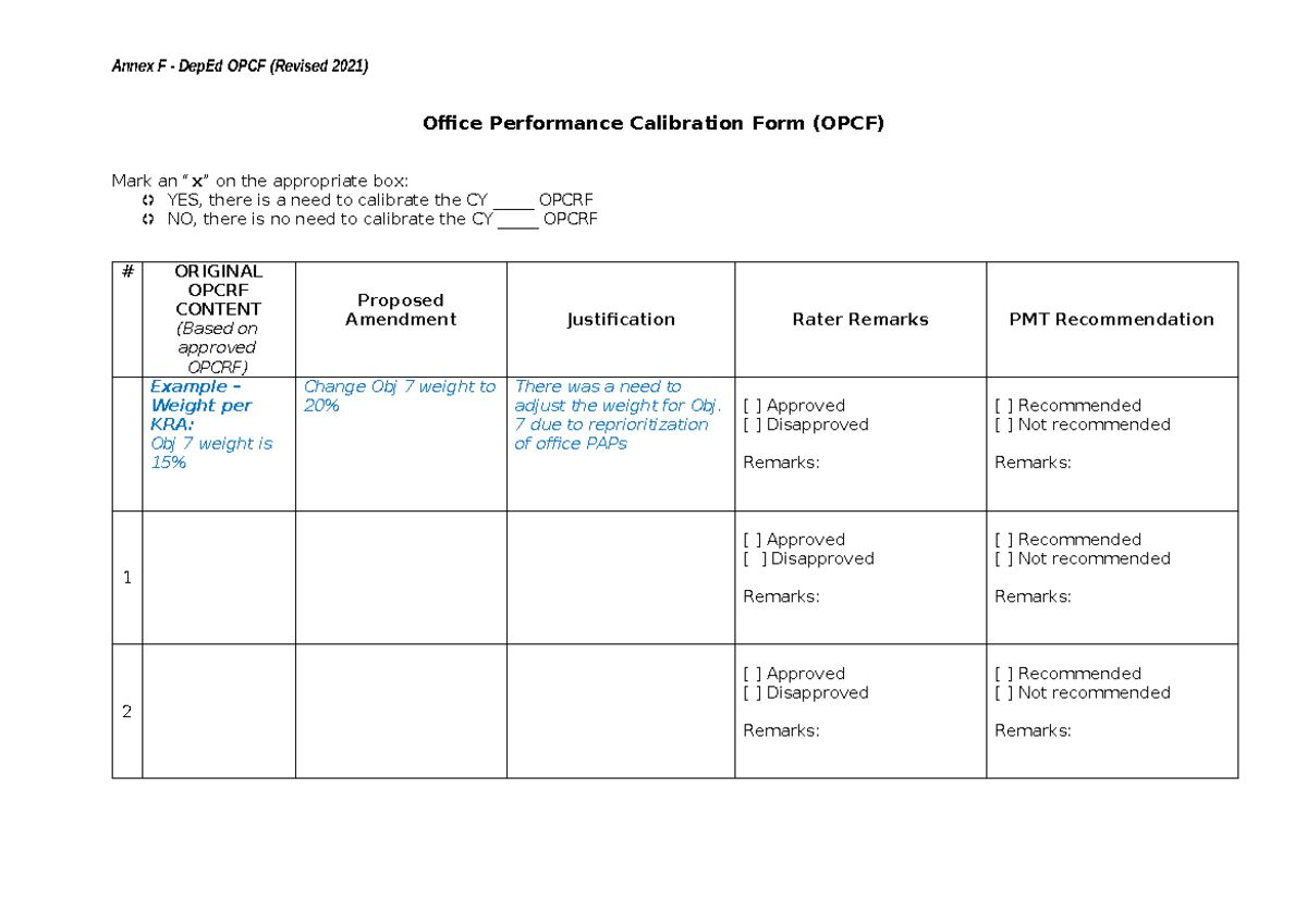Annex F. Performance Calibration Form (PCF) - Annex F - DepEd OPCF ...