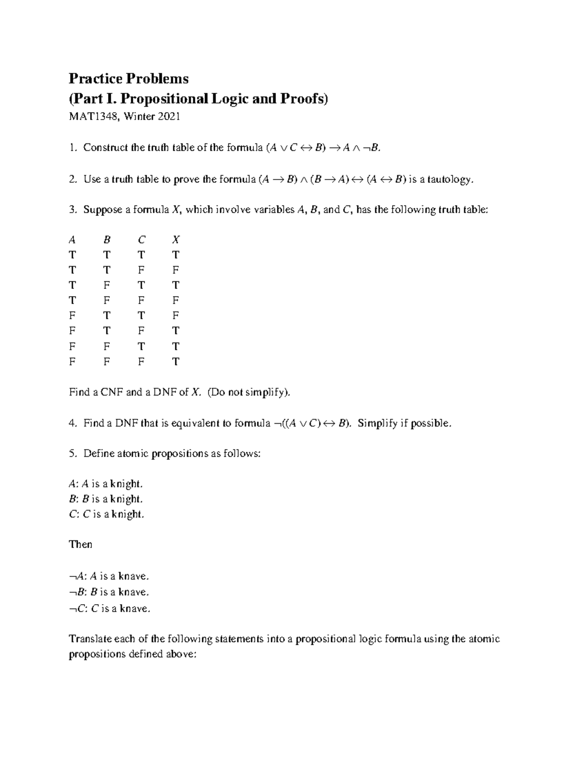Practice Problems 1 - Practice Problems (Part I. Propositional Logic ...