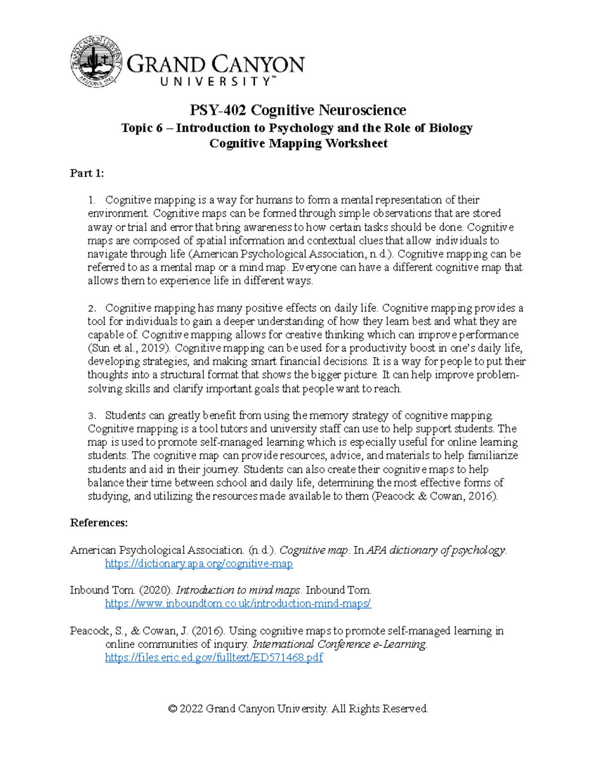 PSY 402 RS Cognitive Mapping Worksheet - PSY-402 Cognitive Neuroscience Topic 6 – Introduction ...