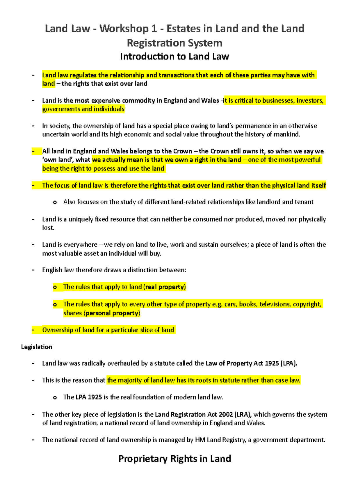 Land Law Workshop 1 Prepare - Land Law - Workshop 1 - Estates in Land ...
