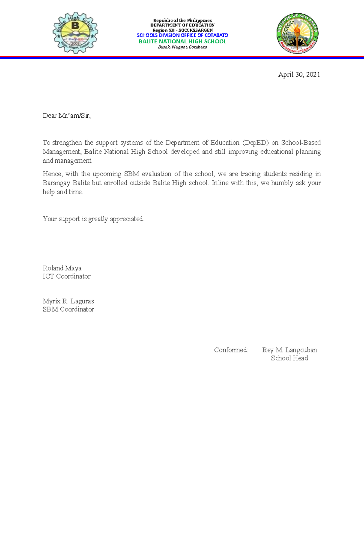 Letter attachment for certification - April 30, 2021 Dear Ma’am/Sir, To ...