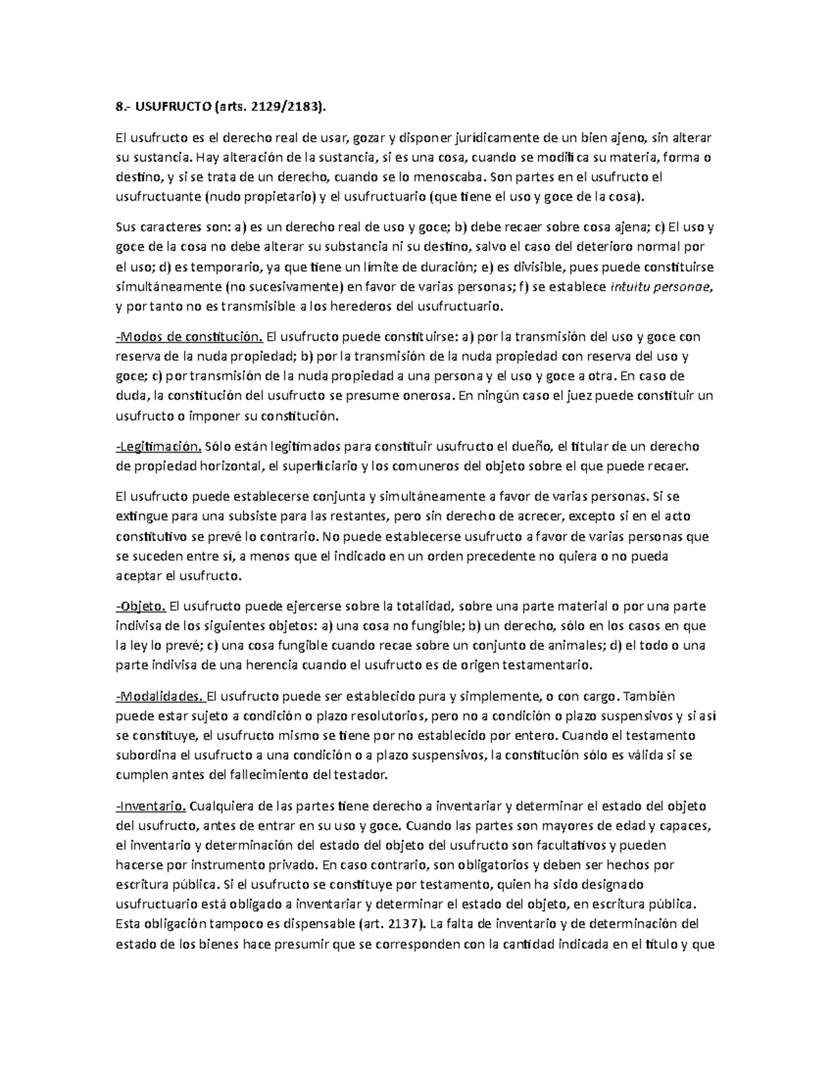 Usufructo, Uso y Habitación - 8.- USUFRUCTO (arts. 2129/2183). El ...