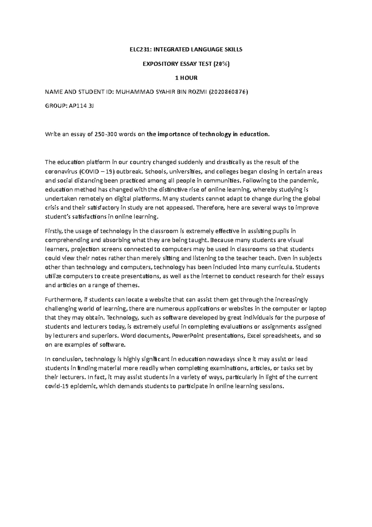 Expository Essay TEST SET 3 - INTEGRATED LANGUAGE SKILLS III - UiTM ...