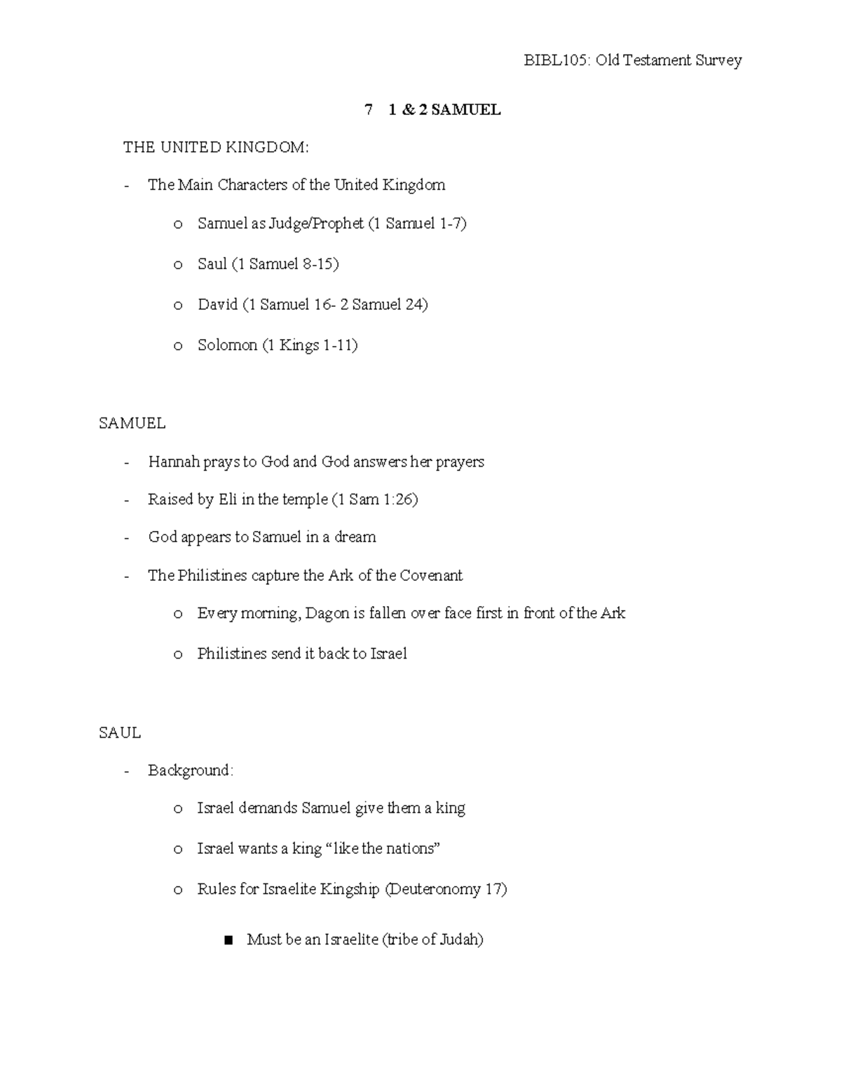 Bible 105 Section 7 Exam Notes - 7 1 & 2 SAMUEL THE UNITED KINGDOM: The ...