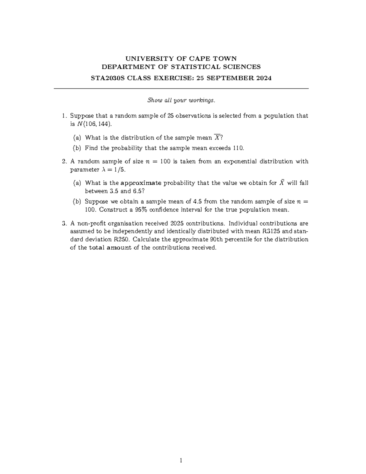 STA2030S Class Exercise 25 September 2024 - UNIVERSITY OF CAPE TOWN DEPARTMENT OF STATISTICAL ...