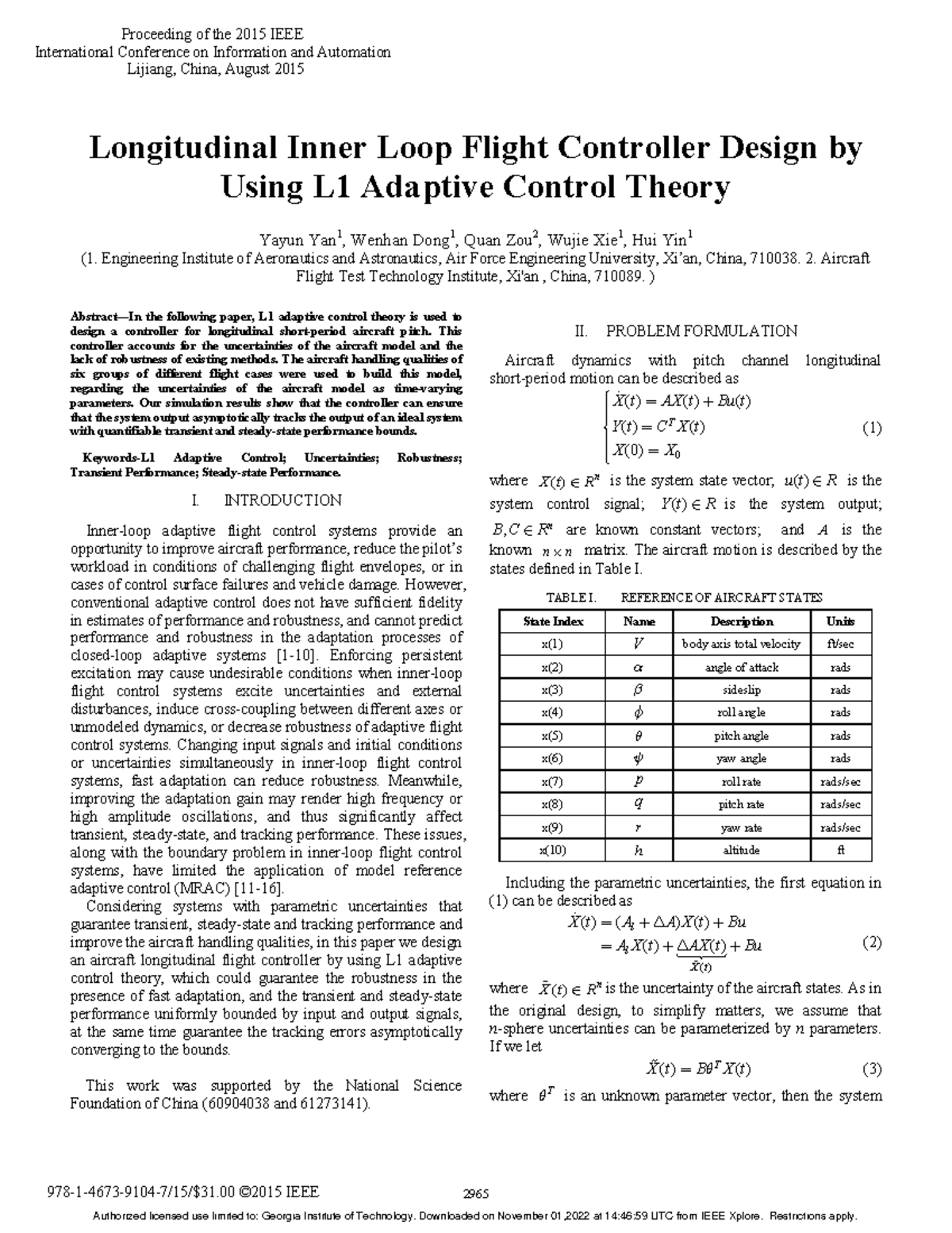 2015 Longitudinal Inner Loop Flight Controller Design By Using L1 Adaptive Control Theory