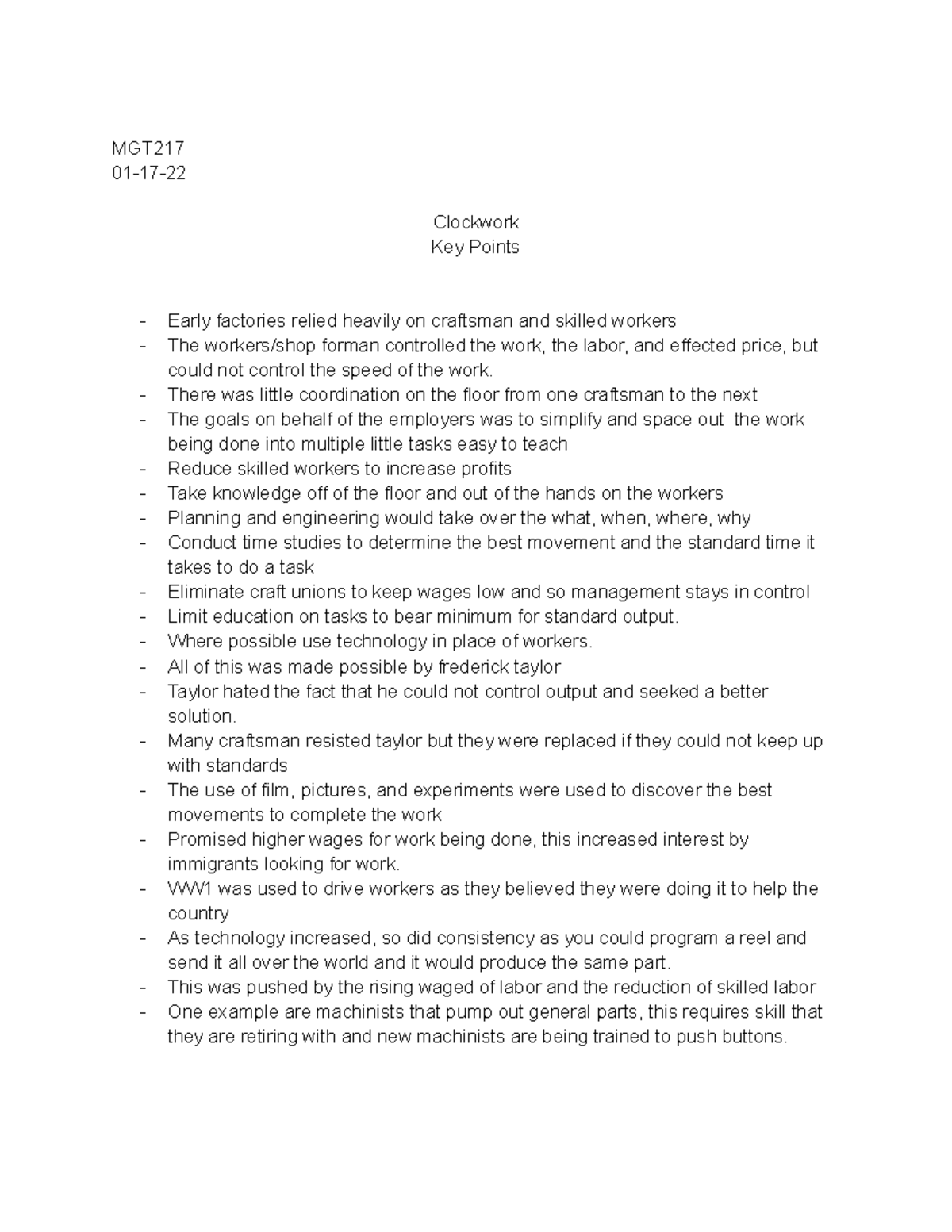 Clockwork - MGT 01-17- Clockwork Key Points Early factories relied ...