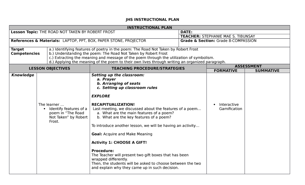 Tibunsay- Final DEMO - The Road Not Taken Lesson Plan - JHS ...