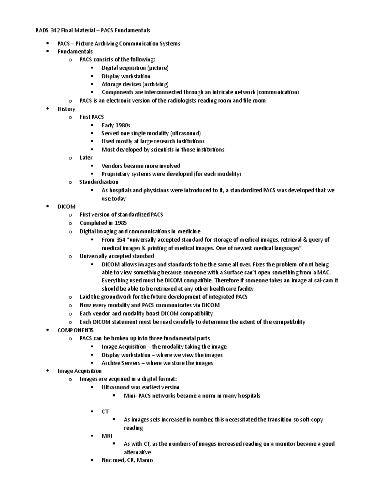 Rads 342 Exam 4 - Lecture notes final lecture (PACS) - RADS 342 Final ...