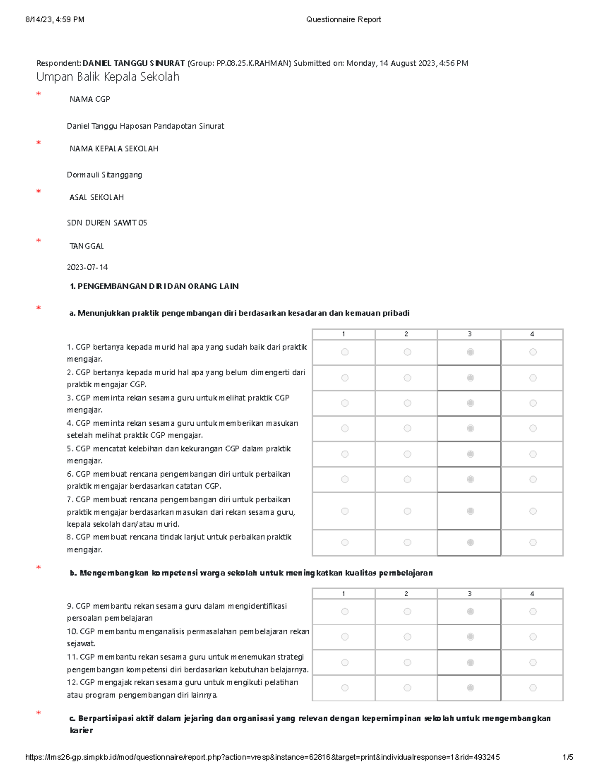 Questionnaire Report Kepsek - Respondent: DANIEL TANGGU SINURAT (Group ...