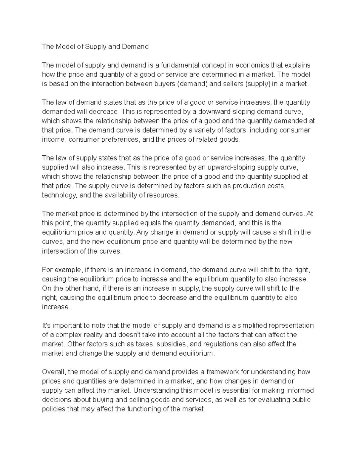 Microeconomic Notes - The Model of Supply and Demand - The Model of ...