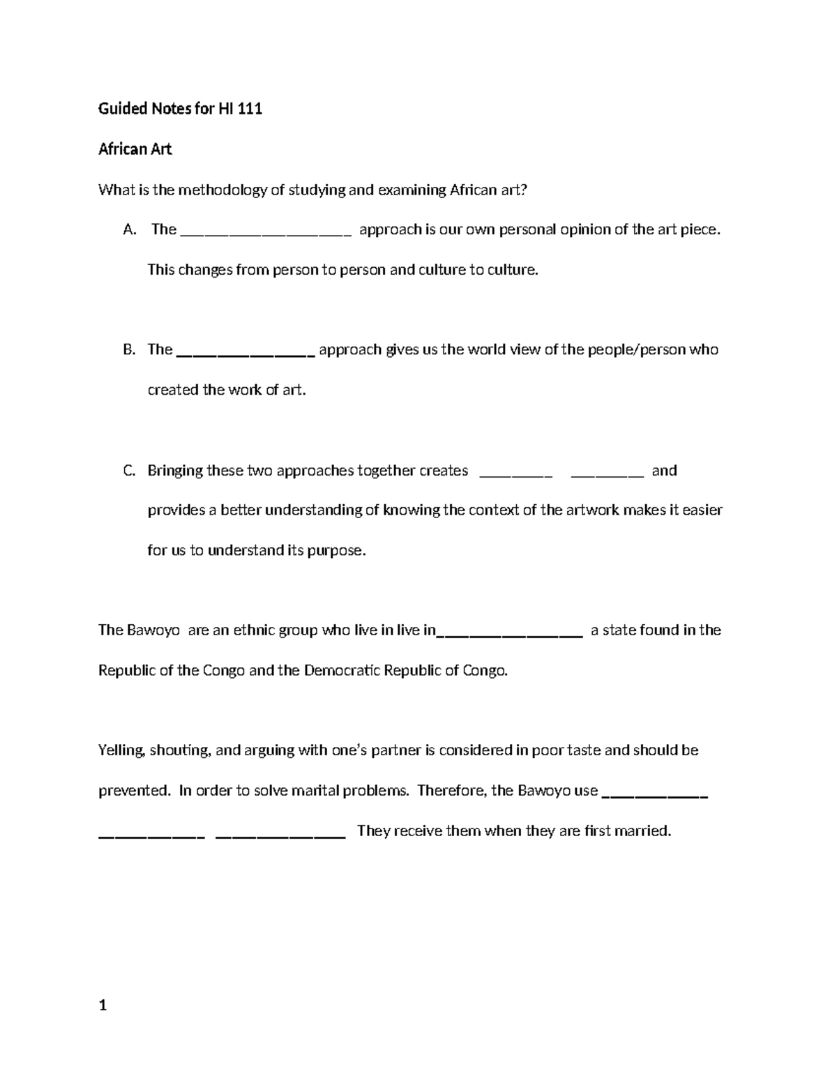 Guided Notes- African Art 2 14 - Guided Notes for HI 111 African Art ...