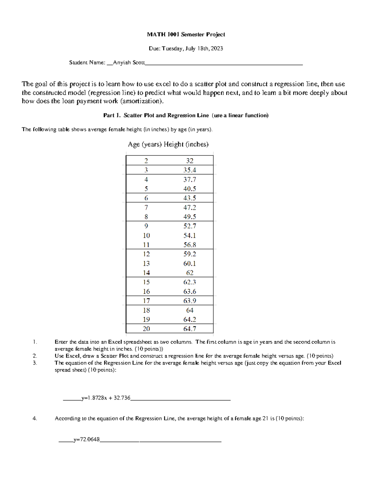 Semester project - n/a - MATH 1001 Semester Project Due: Tuesday, July ...
