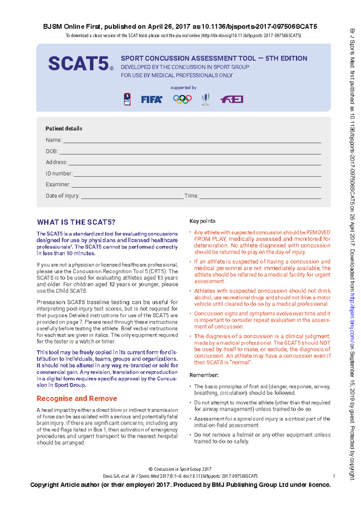 SCAT5 - Davis GA, et al. Br J Sports Med 2017; 0 :1–8. doi:10/bjsports ...