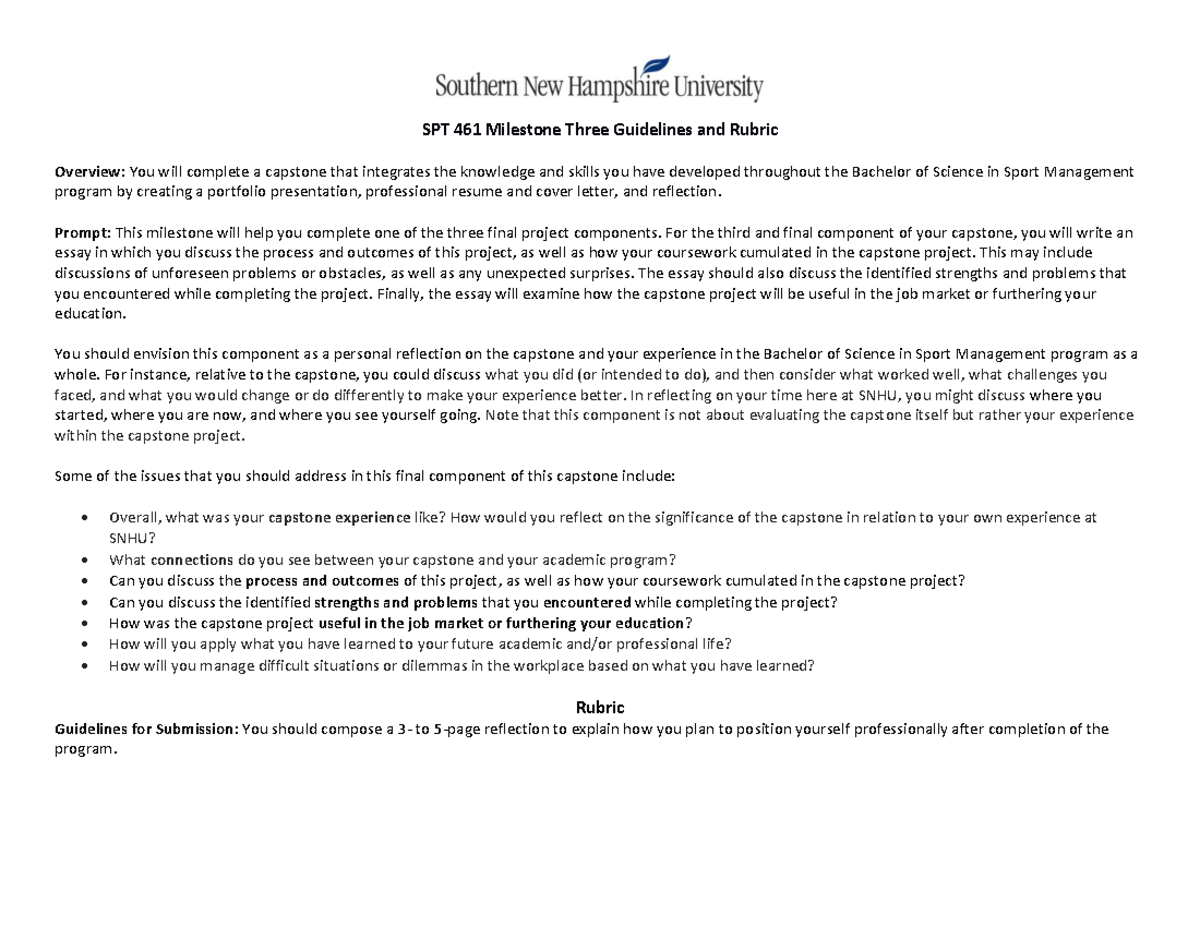 6.1 Milestone 3 Guidelines and Rubric - SPT 461 Milestone Three ...