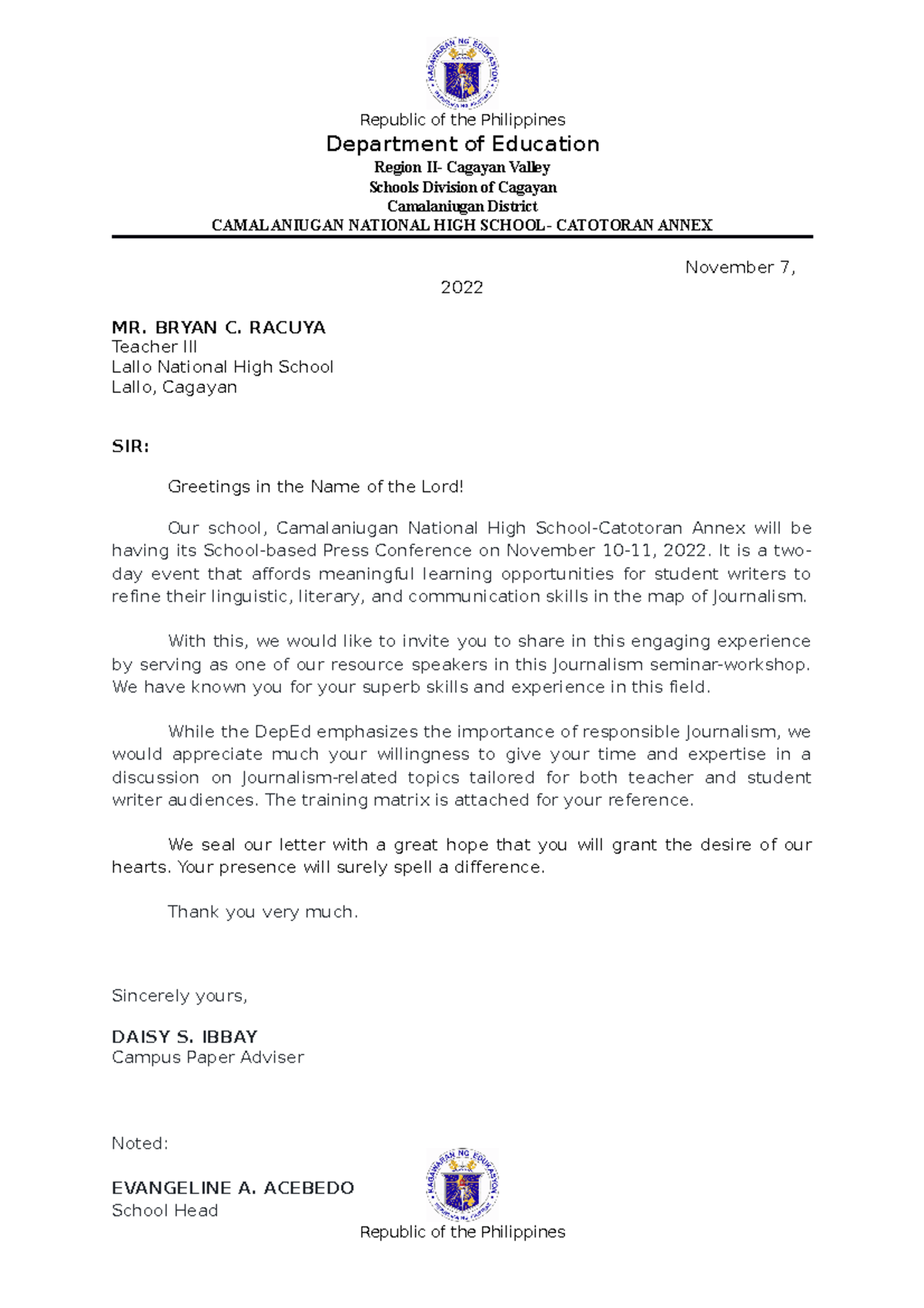 Communication letter Journalism - Republic of the Philippines ...