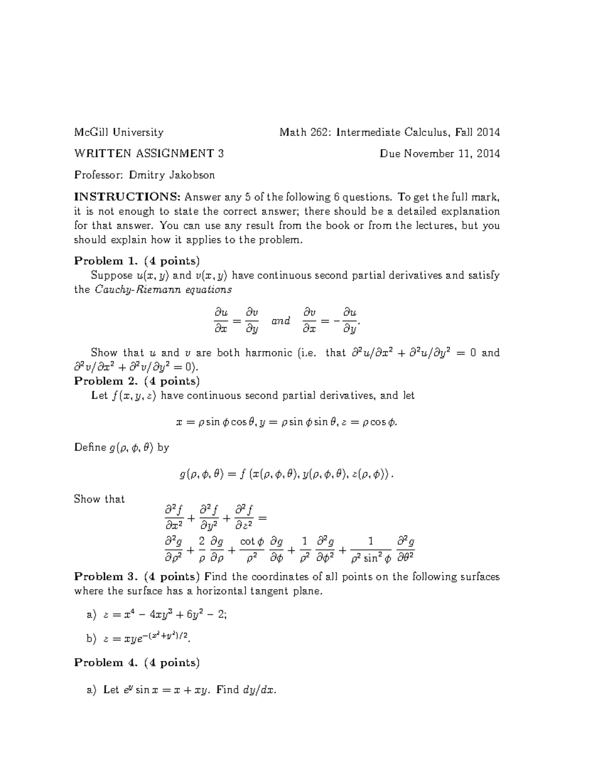 Math262-a3 - Math262-a3 - McGill University Math 262: Intermediate ...