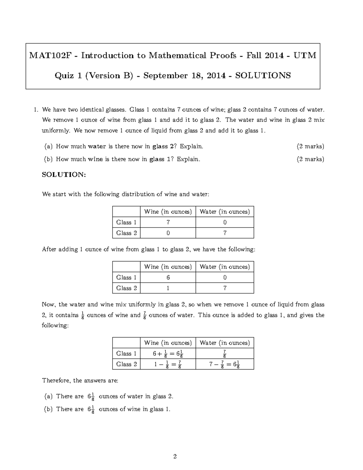 Quiz1B-sol - Description - MAT102F - Introduction to Mathematical Proofs - Fall 2014 - UTM Quiz ...