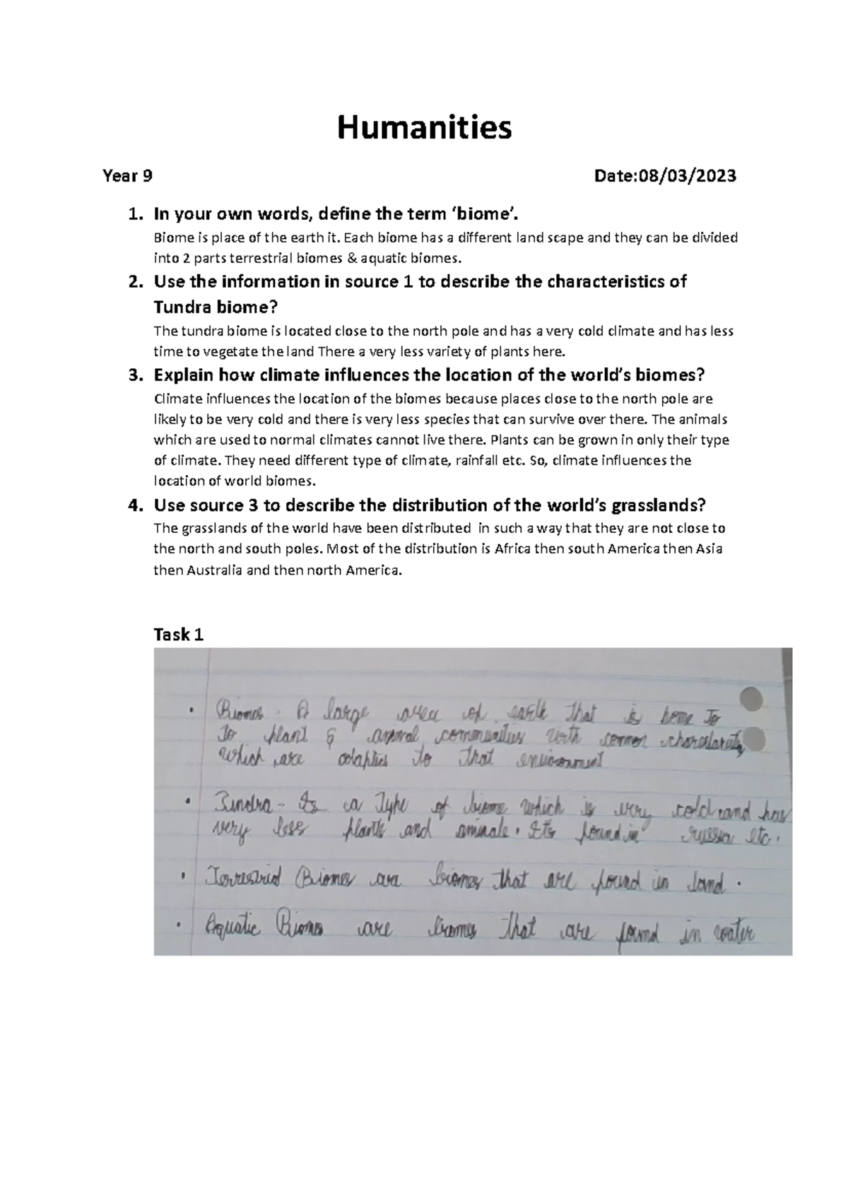 Humanities work - Humanities Year 9 Date:08/03/ 1. In your own words ...