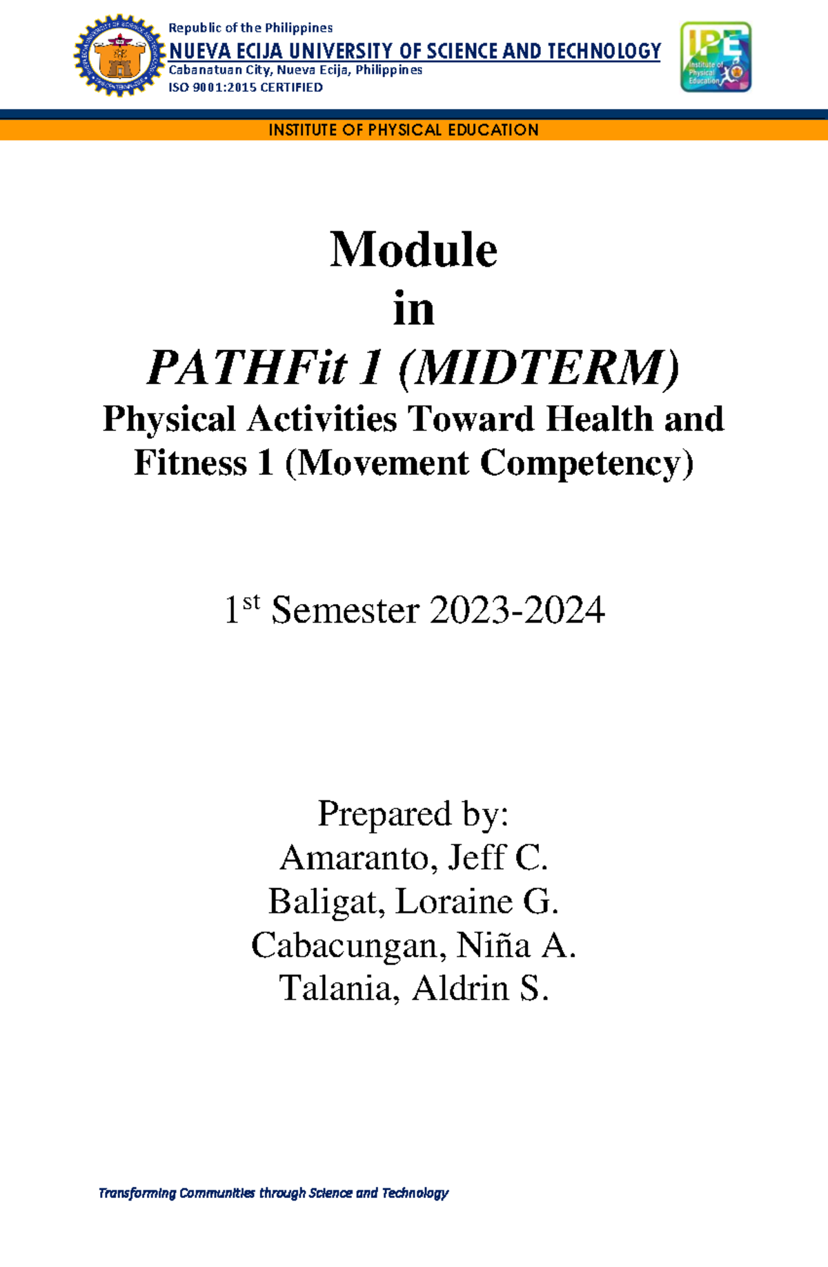 Pathfit 1 Module Midterm - Cabanatuan City, Nueva Ecija, Philippines ISO 9001:2015 CERTIFIED ...