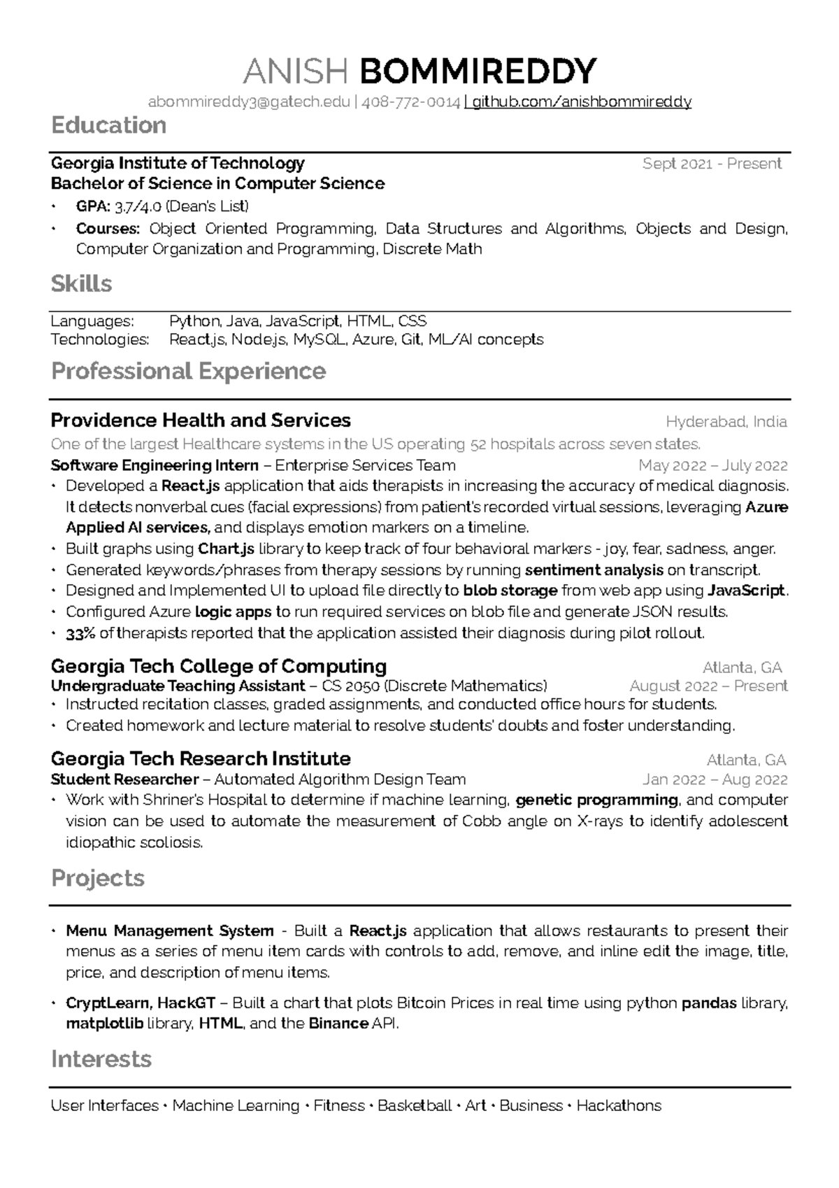 2023 internships Anish resume - ANISH BOMMIREDDY abommireddy3@gatech ...