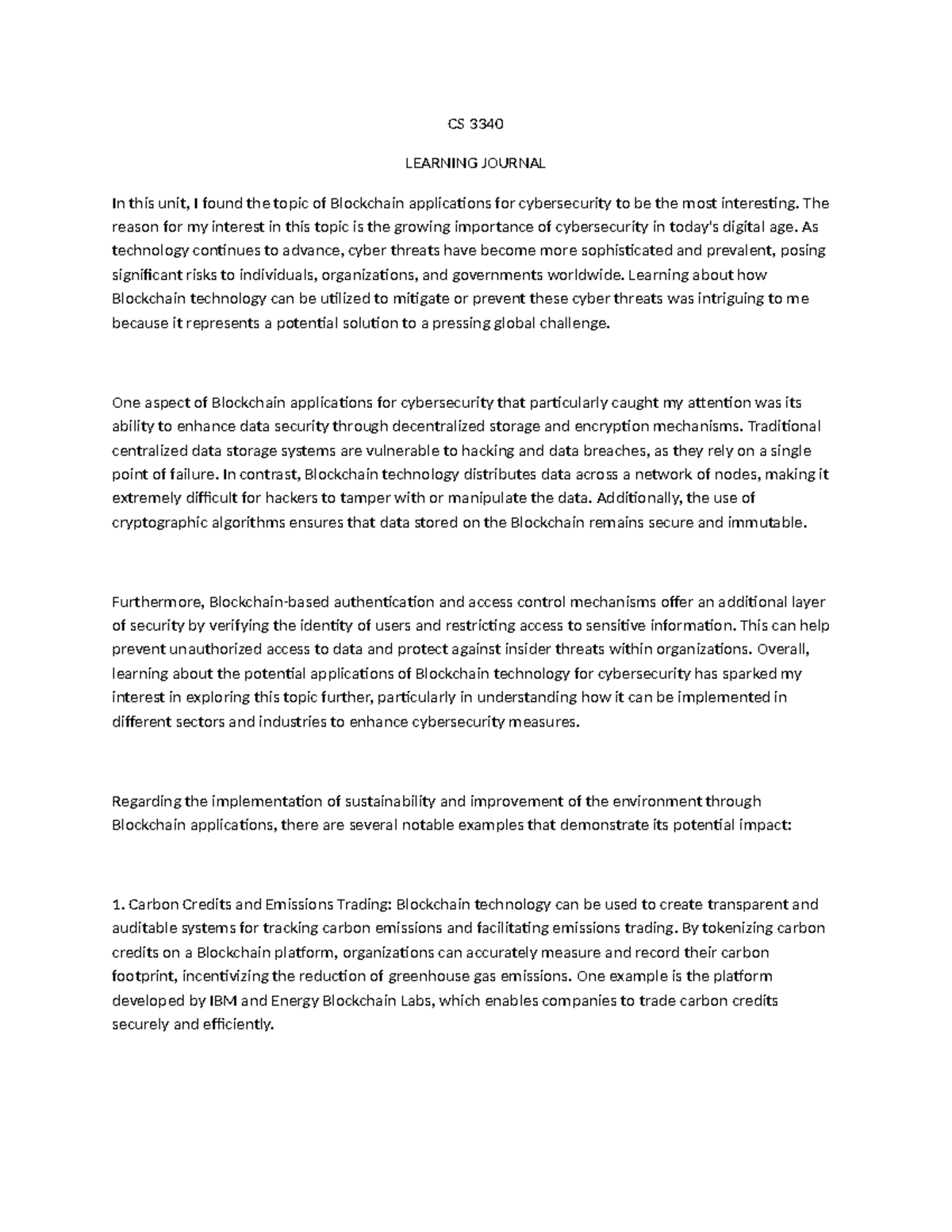 Cs 3340 Cs 3340 Learning Journal In This Unit I Found The Topic Of Blockchain Applications