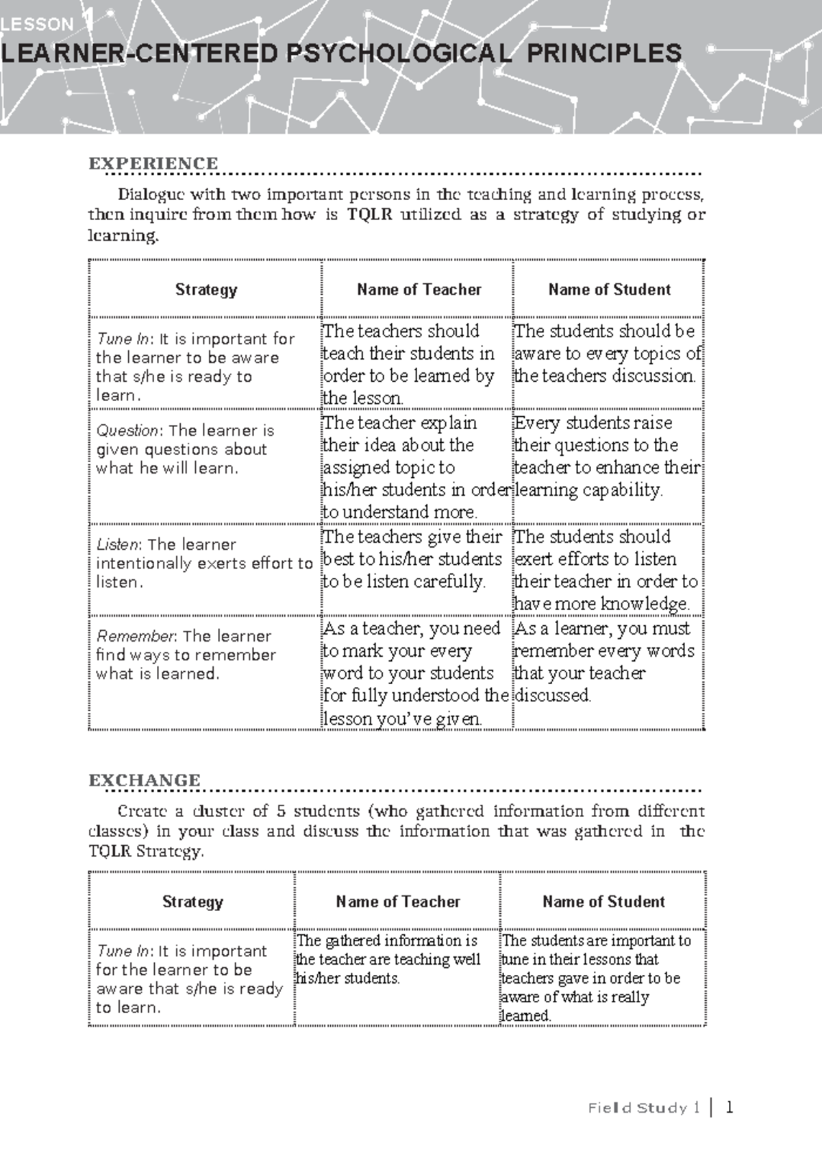 1 Chapter 1 - F ie l d Stu dy 1 │ 1 LESSON 1 LEARNER-CENTERED PSYCHOLOGICAL PRINCIPLES ...