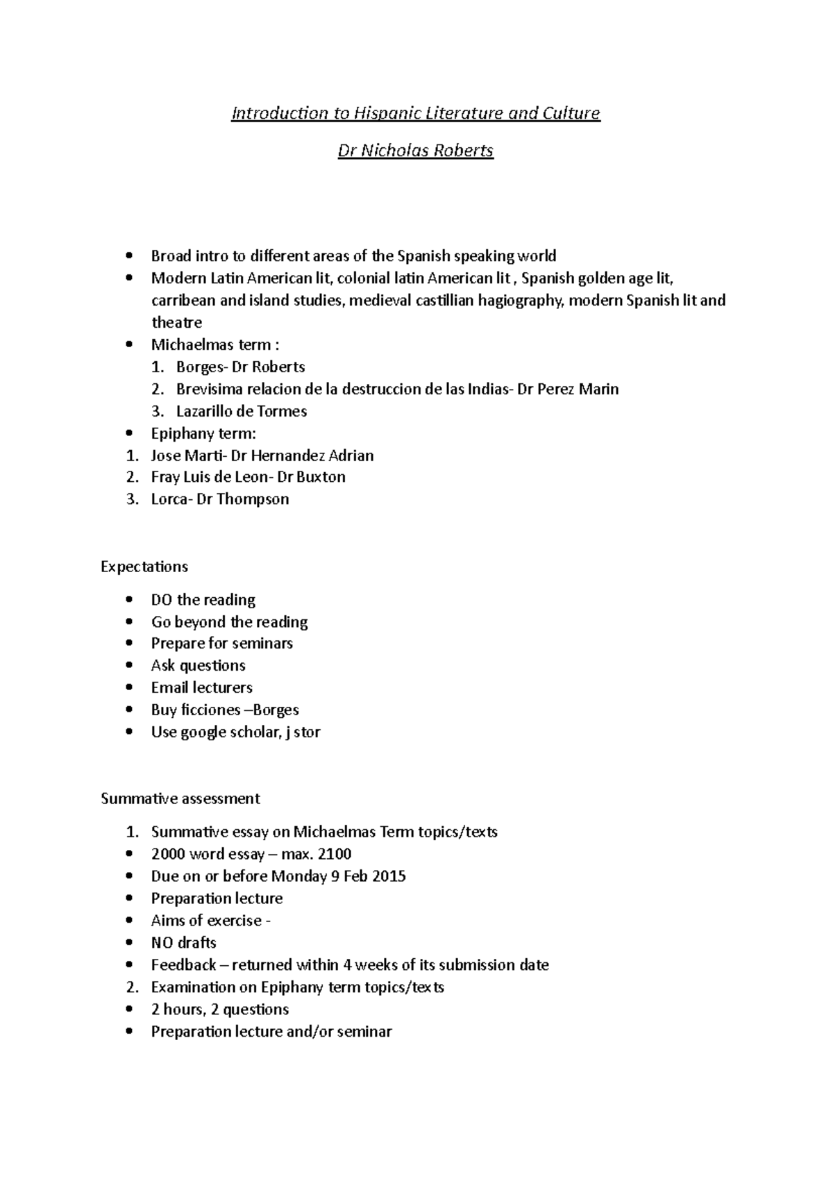 Introduction to Hispanic Literature and Culture Lecture Notes ...