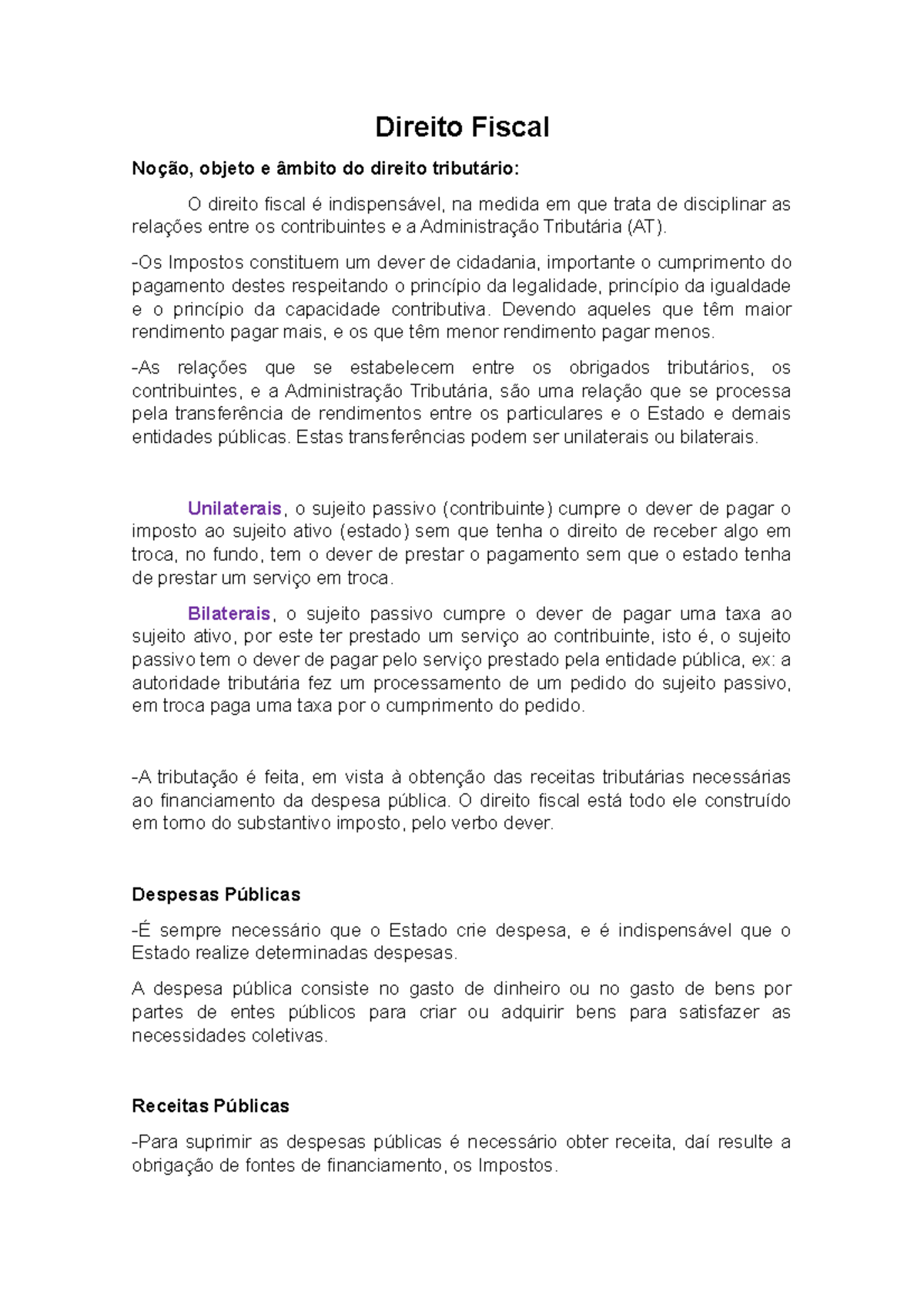 Resumos para o teste Fiscal I - Direito Fiscal Noção, objeto e âmbito ...