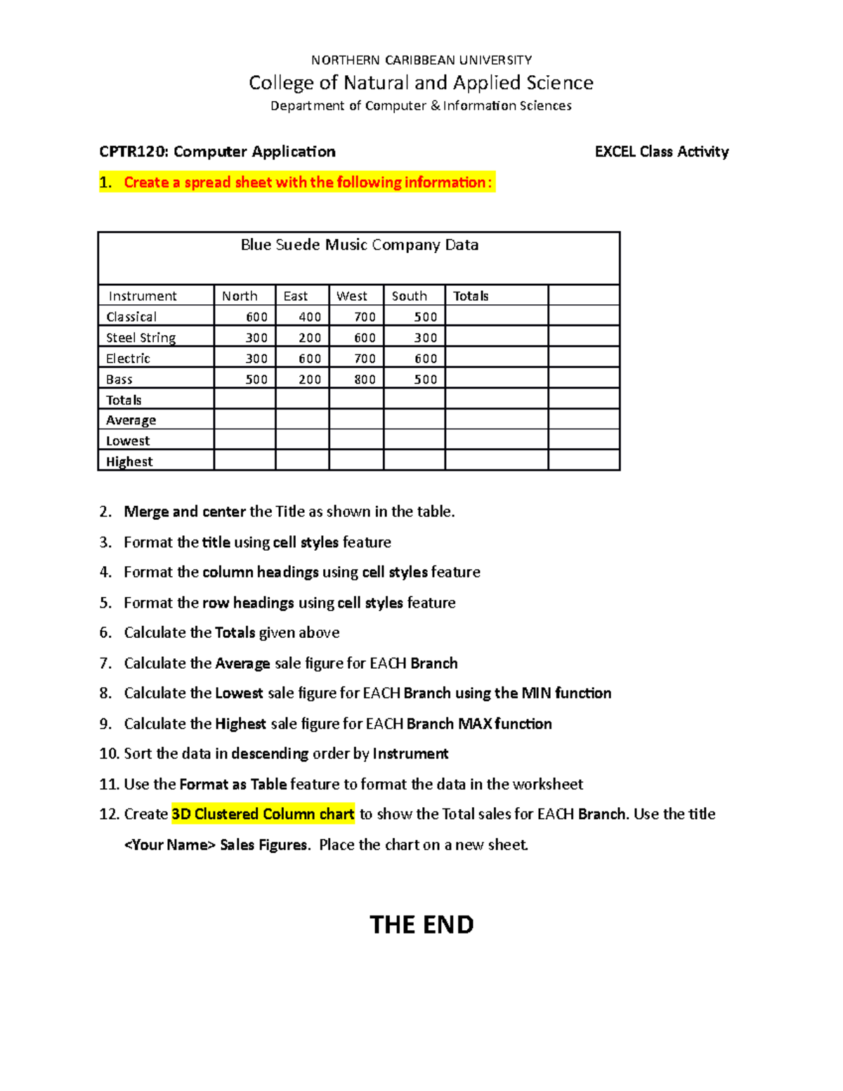 CPTR120 Excel Practice Sheet - NORTHERN CARIBBEAN UNIVERSITY College of ...