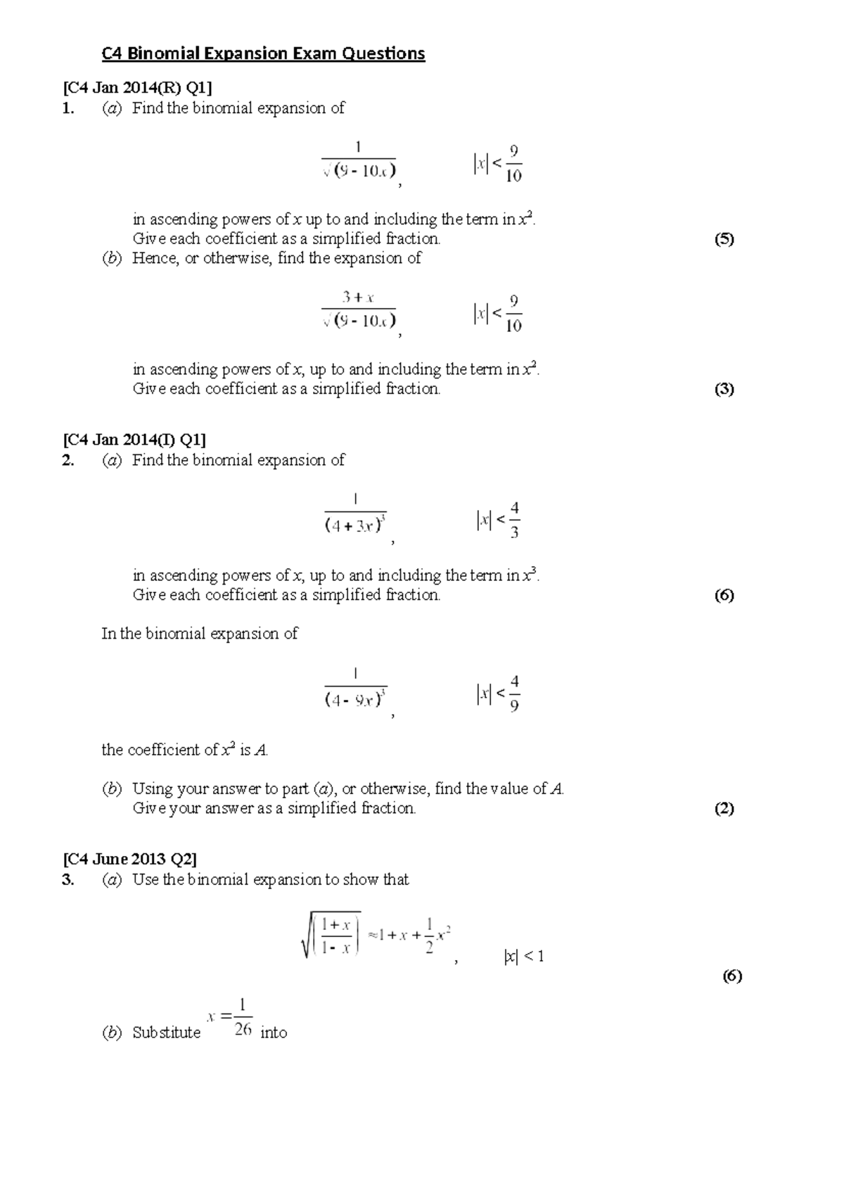 C4 Exam Questions Chp3 Binomial Expansion - C4 Binomial Expansion Exam ...