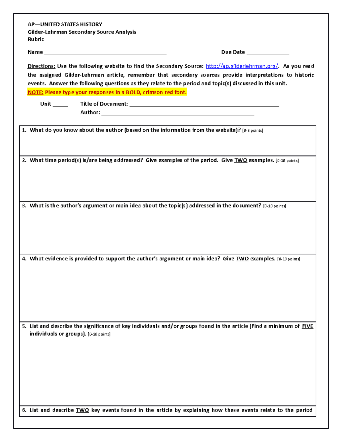 Apush - Secondary Source Analysis Worksheet 2 - AP—UNITED STATES ...
