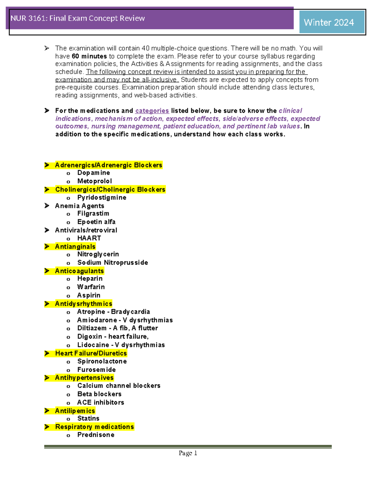 NUR 3161 Final Exam Concept Review for Winter 2024 - NUR 3161: Final ...