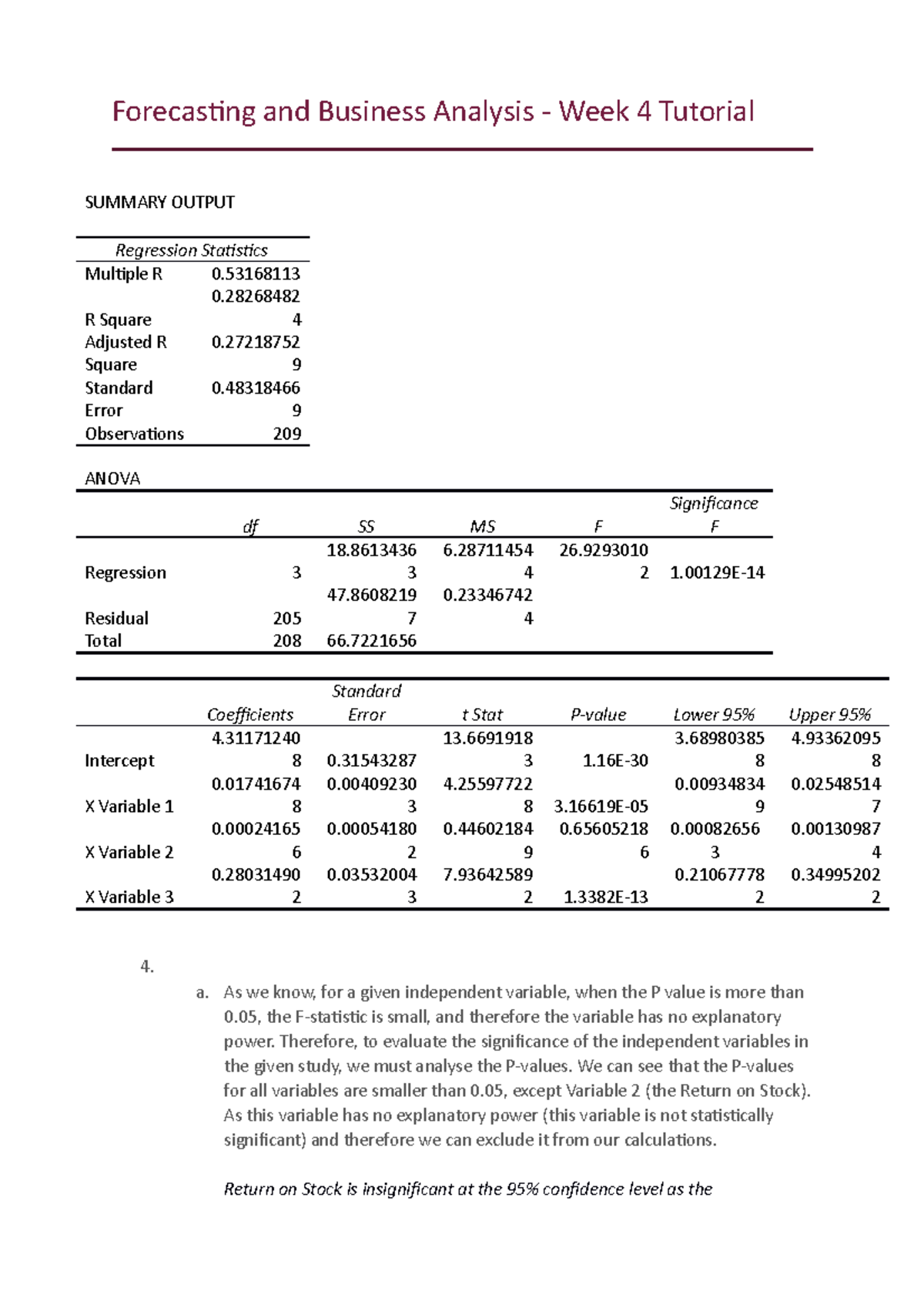 Wk 4 Tutorial Answers - Forecasting and Business Analysis - Week 4 ...