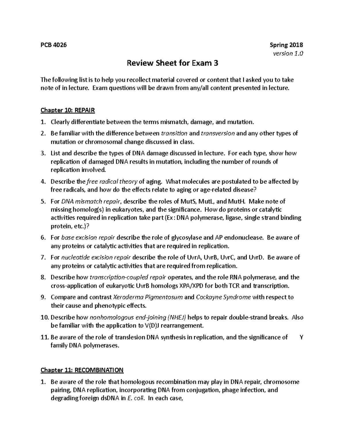 Topical list for Exam 3 - Spring 2018 - PCB 4026 Spring 2018 version 1 ...