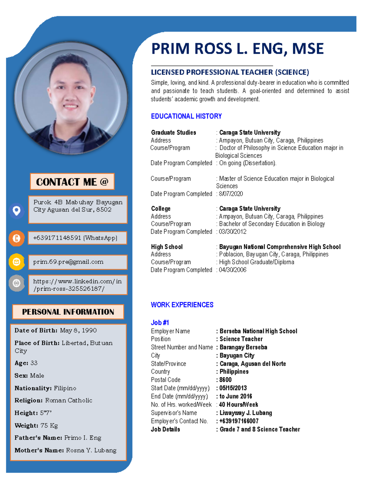 Primross ENG-Resume - SAMPLE RESUME - PRIM ROSS L. ENG, MSE