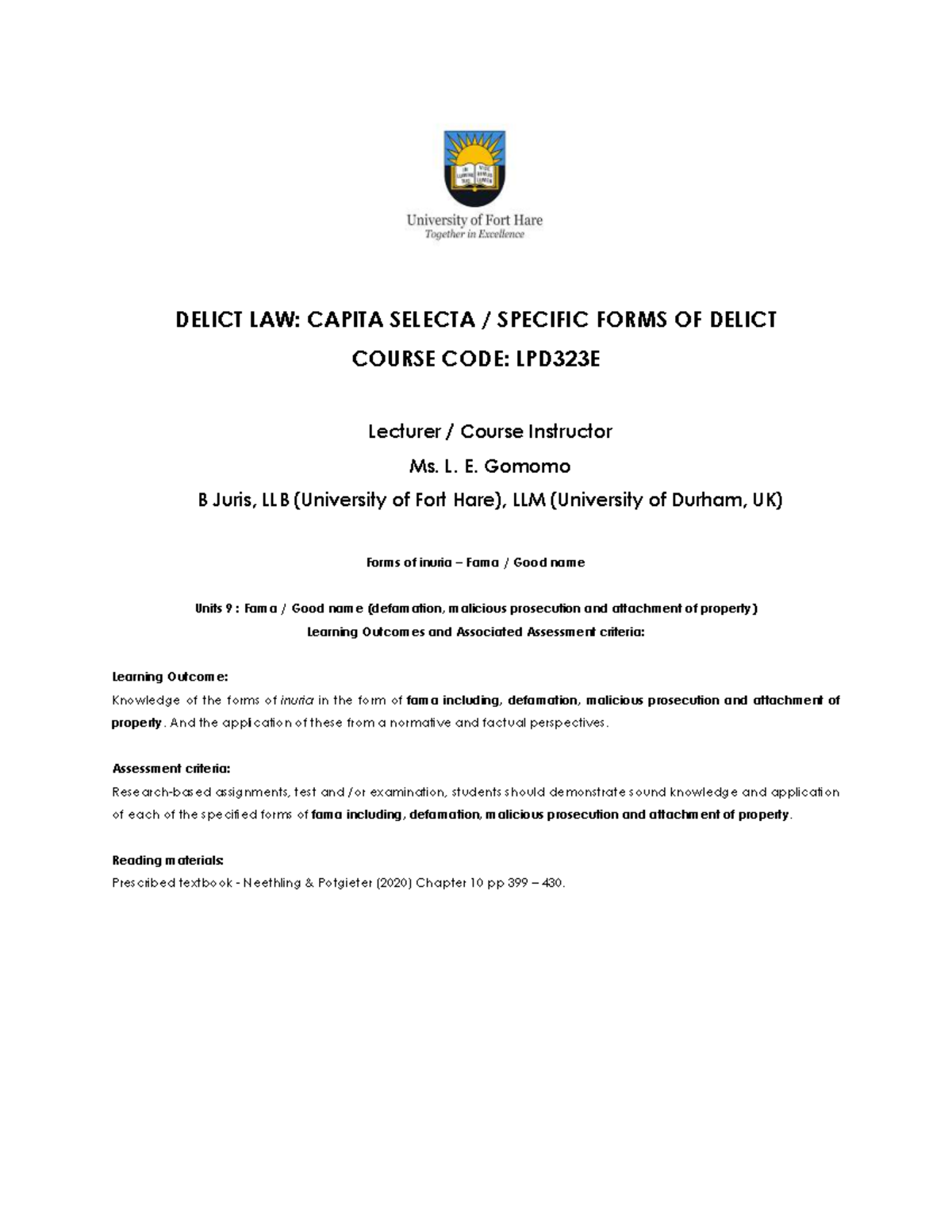 Delict LAW B - UNIT 9 Lecture September 2023 - DELICT LAW: CAPITA ...