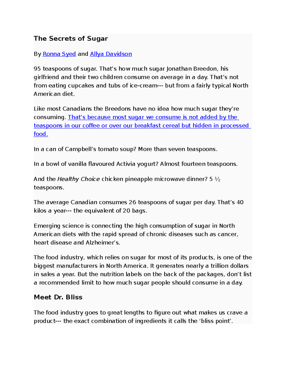 The Secrets of Sugar Transcript - The Secrets of Sugar By Ronna Syed ...