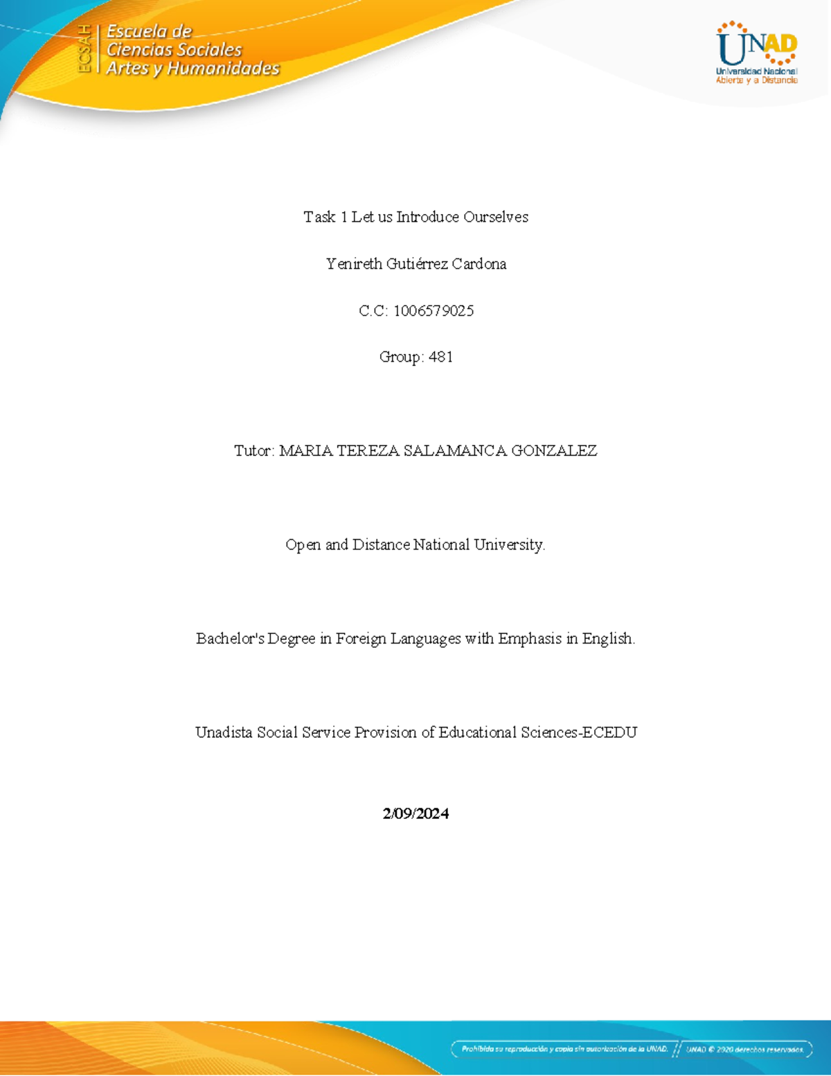 Task1 fullname ID.pdf - esto es de ingles - Task 1 Let us Introduce Ourselves Yenireth Gutiérrez ...