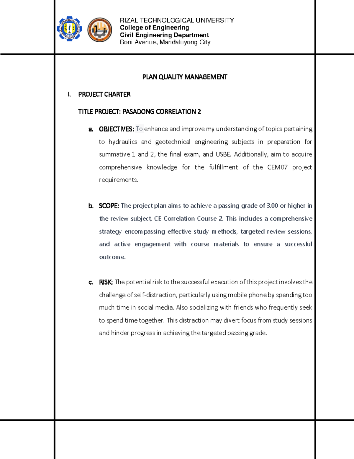 Project 1 DELA Torre Alvin - RIZAL TECHNOLOGICAL UNIVERSITY College of Engineering Civil ...