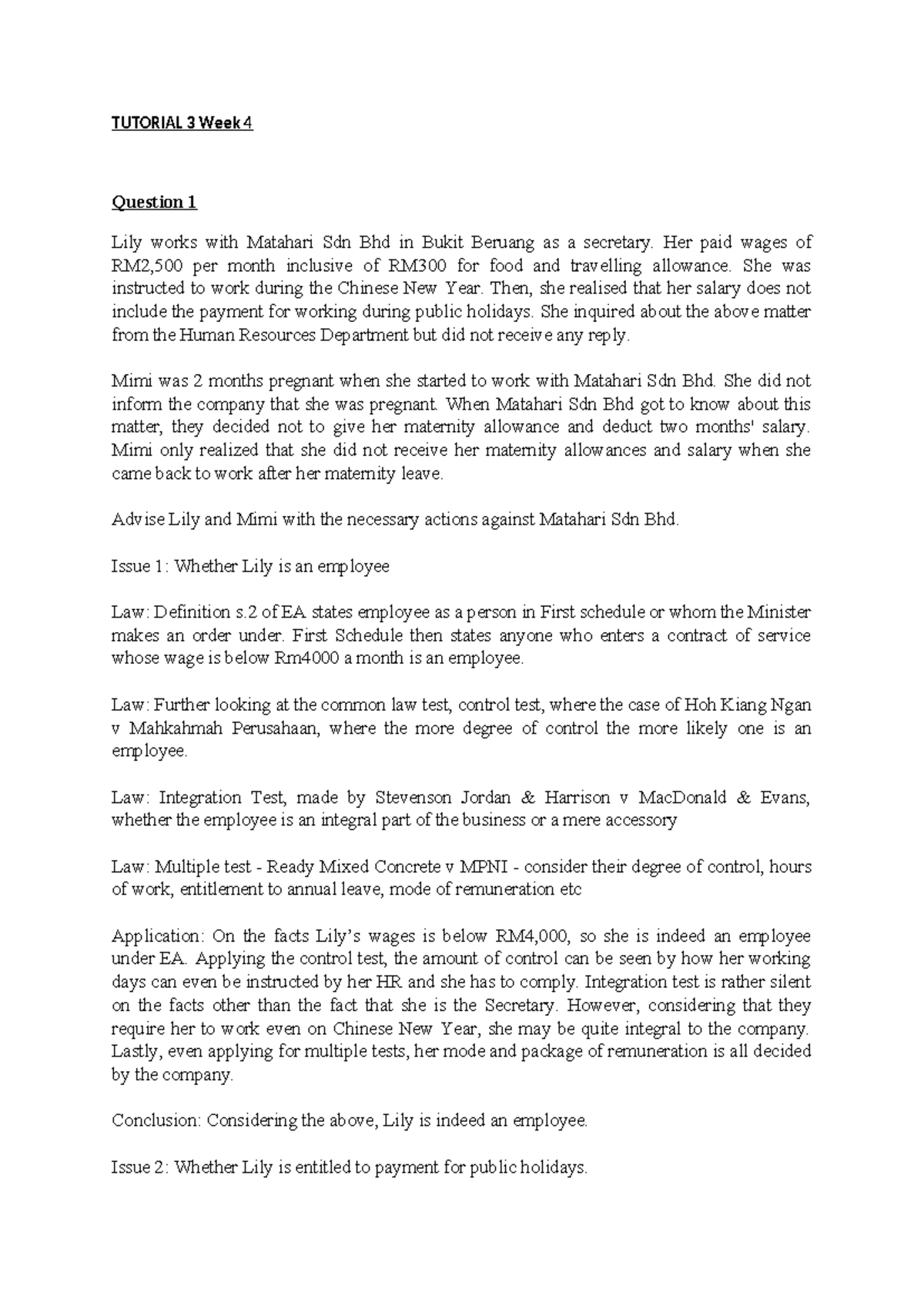 Tutorial 3 Week 4 with answer - TUTORIAL 3 Week 4 Question 1 Lily works ...