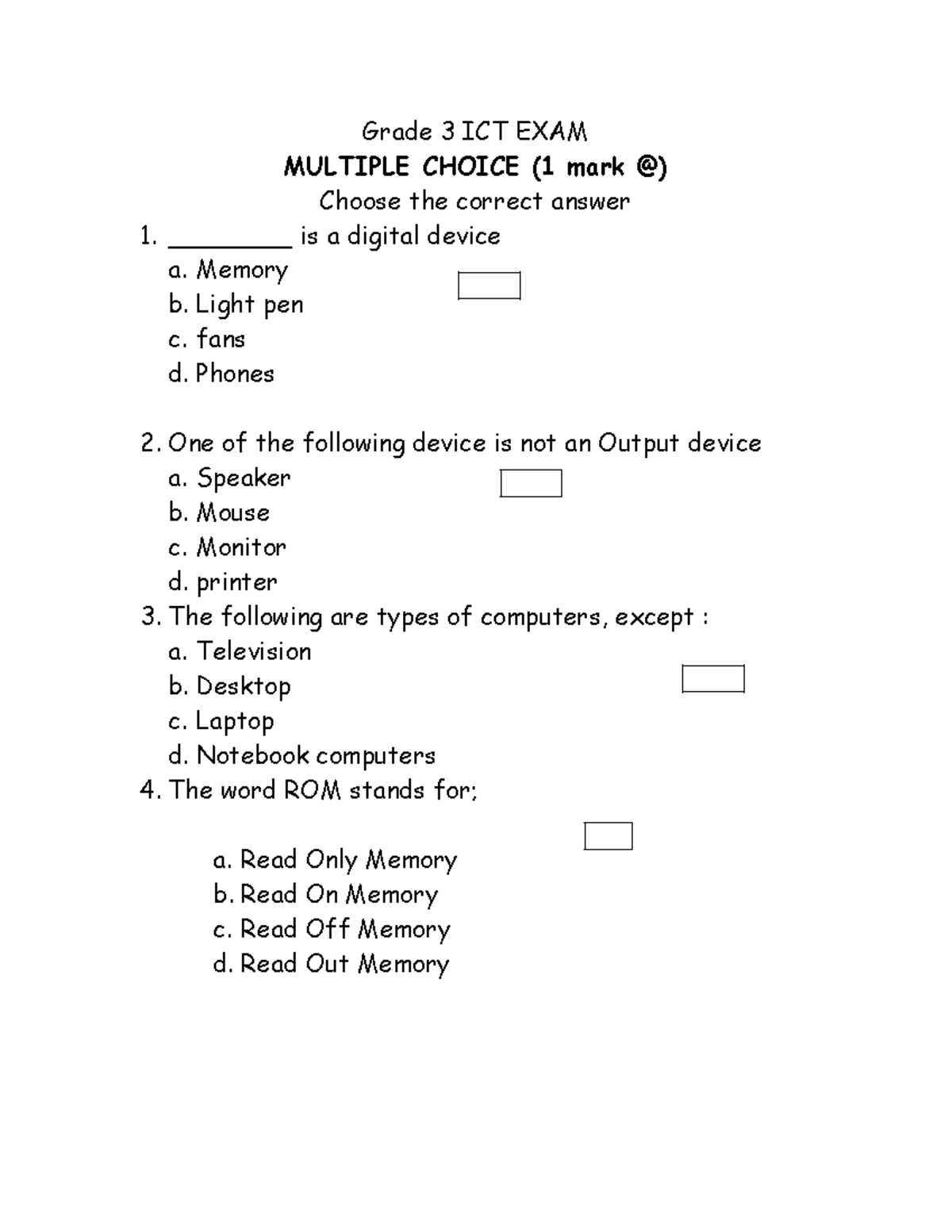 Grade 3 ICT - Jingu - Grade 3 ICT EXAM MULTIPLE CHOICE (1 mark ...