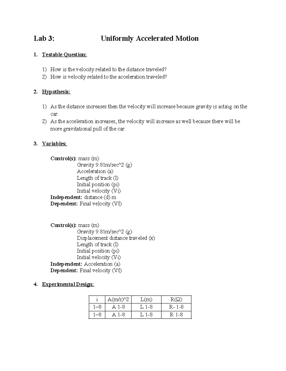 PHY111L Lab 3 Uniformly accelerated motion 3 - Lab 3: Uniformly ...