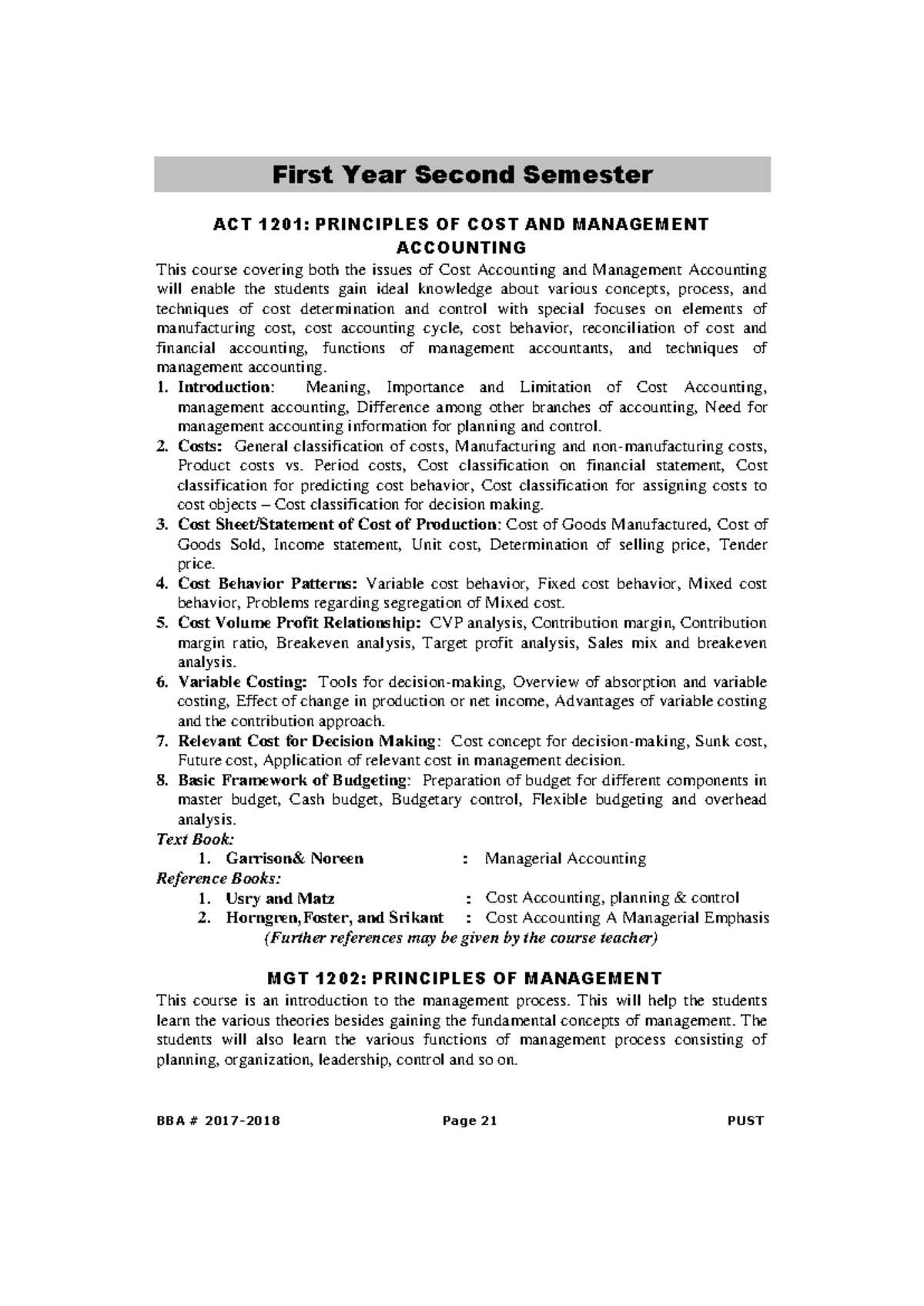 BBA-Syllabus - Accounting - First Year Second Semester ACT 1201: PRINCIPLES OF COST AND ...